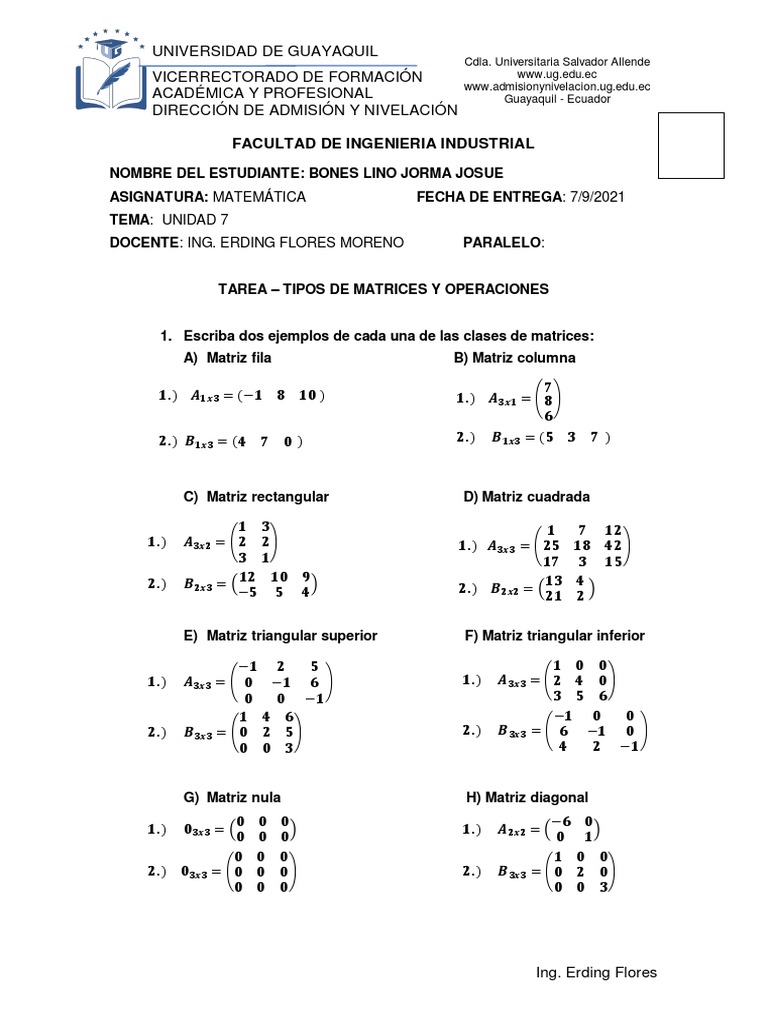 Tarea - Tipos y Operaciones Entre Matrices | PDF | Matriz (Matemáticas ...