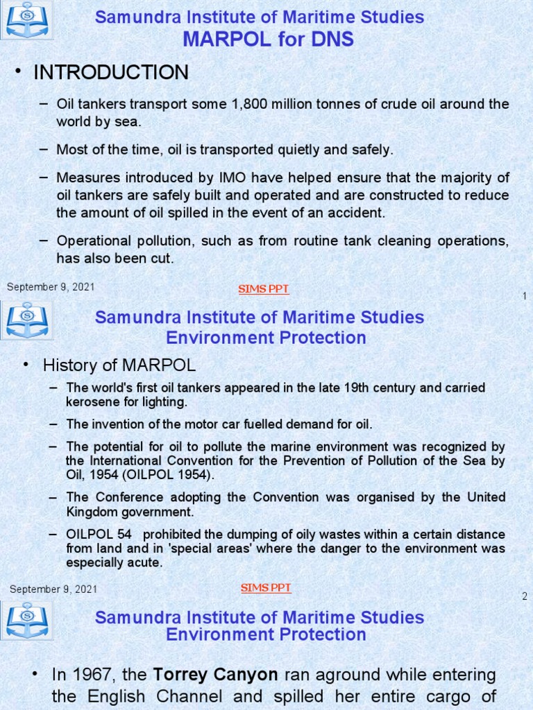 Marpol For DNS: - Introduction | PDF | Oil Spill | Oil Tanker