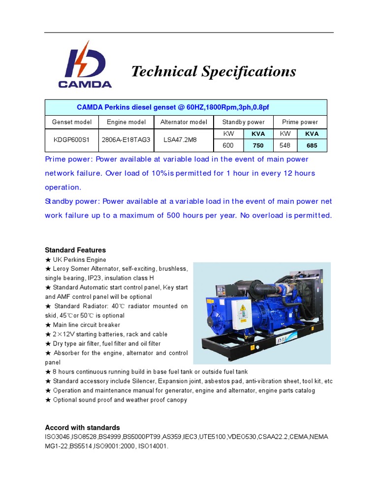 Technical Specifications: CAMDA Perkins Diesel Genset at 60HZ, 1800Rpm ...
