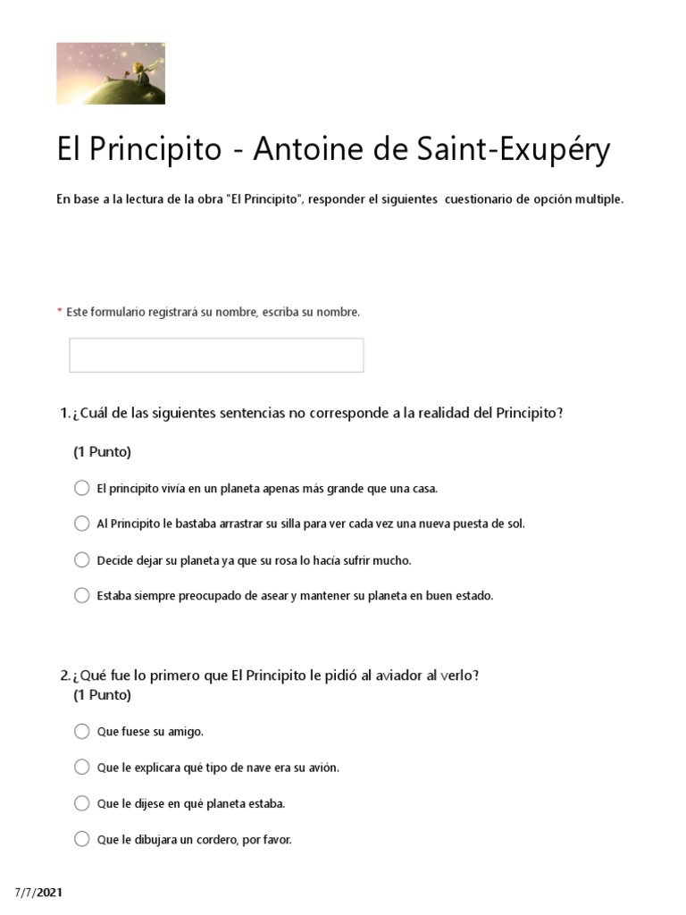 El Principito - Antoine de Saint-Exupéry (2 TECNOLOGÍA) (Vista Previa) Microsoft Forms | PDF ...