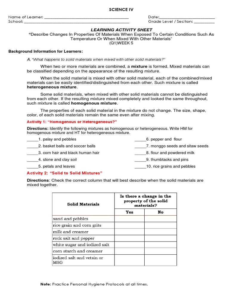 Grade 4 Science Week 5 Activities | PDF | Liquids | Mixture