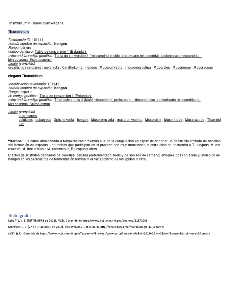 Taxonomía de Thamnidium elegans | PDF