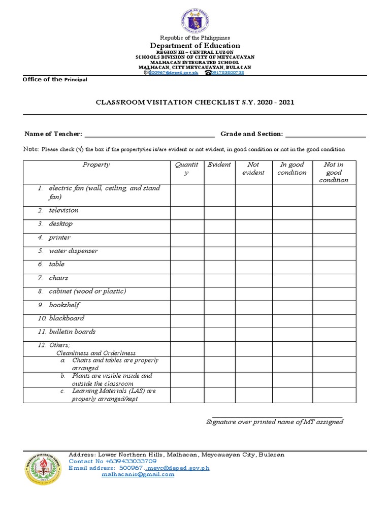 Department of Education: Classroom Visitation Checklist S.Y. 2020 ...