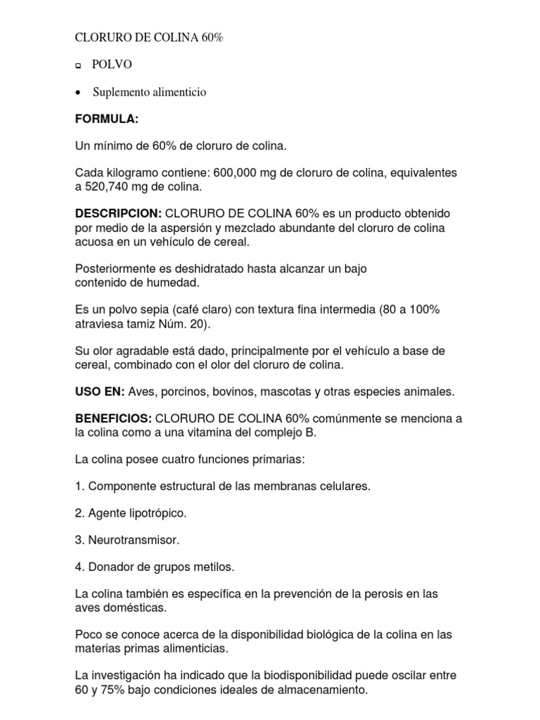 Suplemento Animal: Cloruro de Colina | PDF