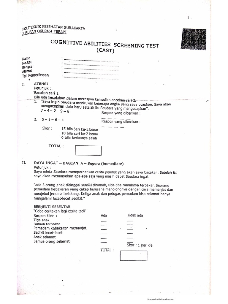 Cognitive Abilities Screening Test - Cast | PDF