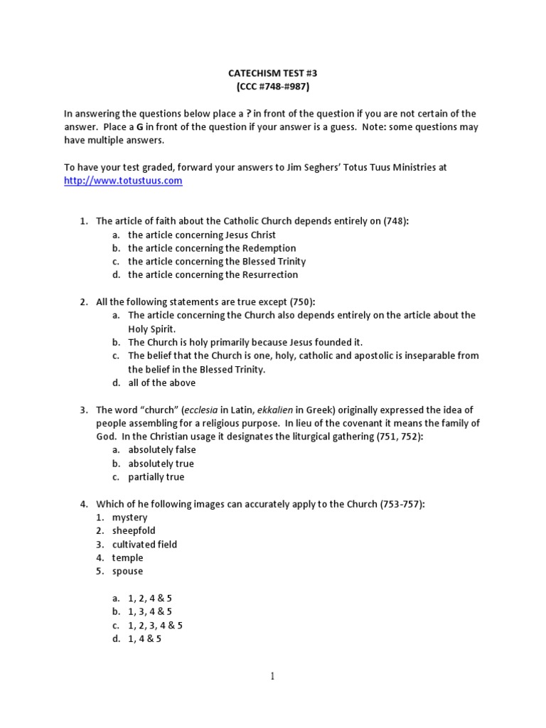 Catechism Test 3 | PDF | Catholic Church | Eucharist