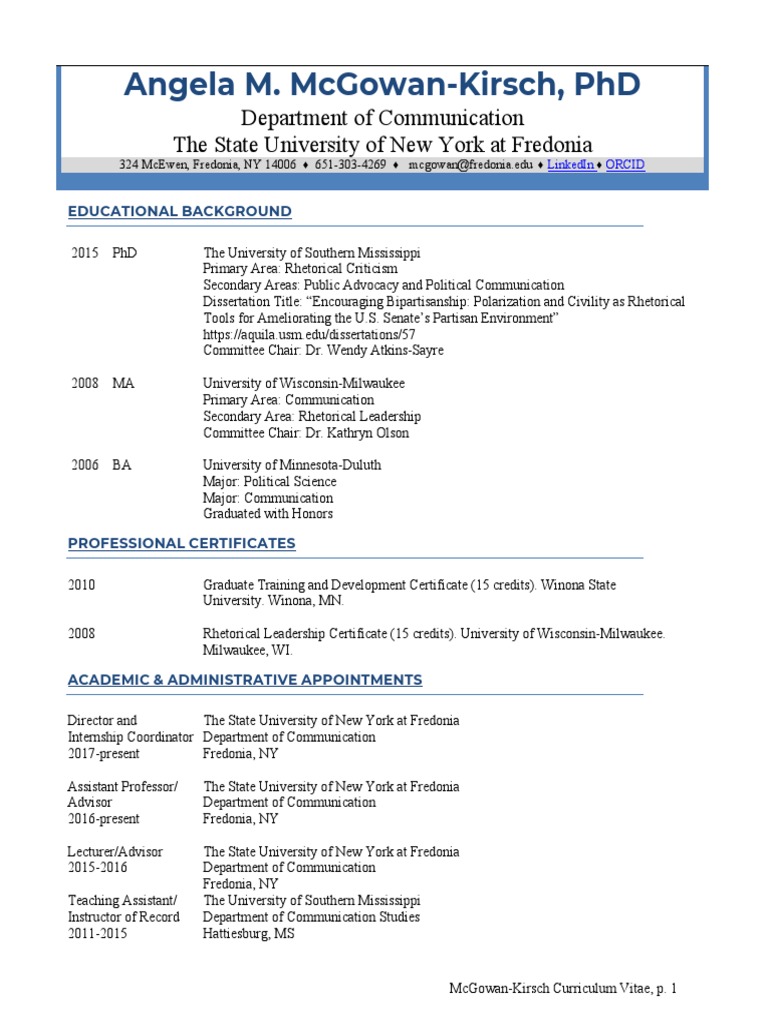 Mcgowan-Kirsch-Cv Updated 10 | PDF | Academia | Communication