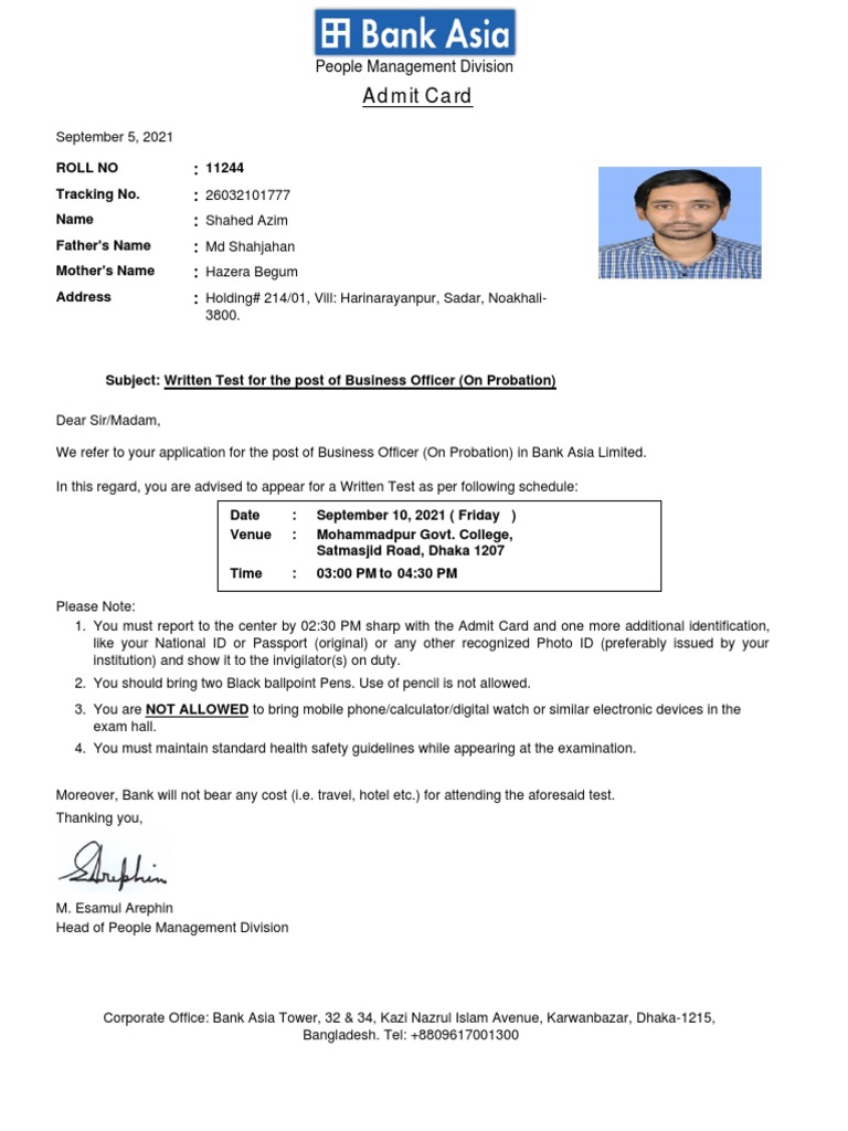 Invitation to attend a written test for the position of Business ...