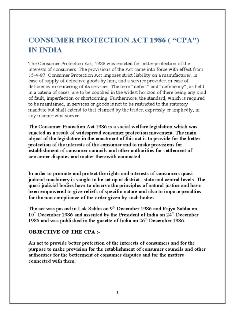Consumer Protection Act 1986 ("Cpa") in India: Objective of The Cpa ...