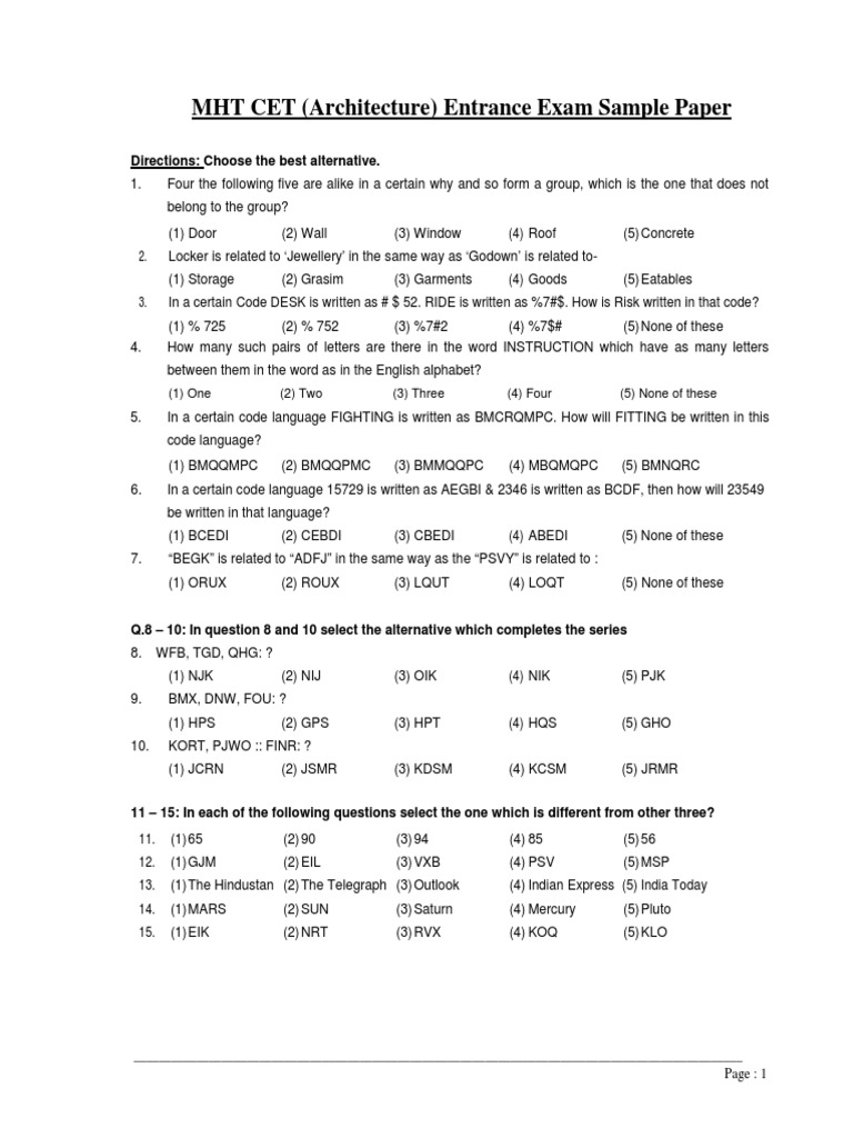 MH Cet For M.arch Sample Question Paper | PDF | Economy Of India | Question