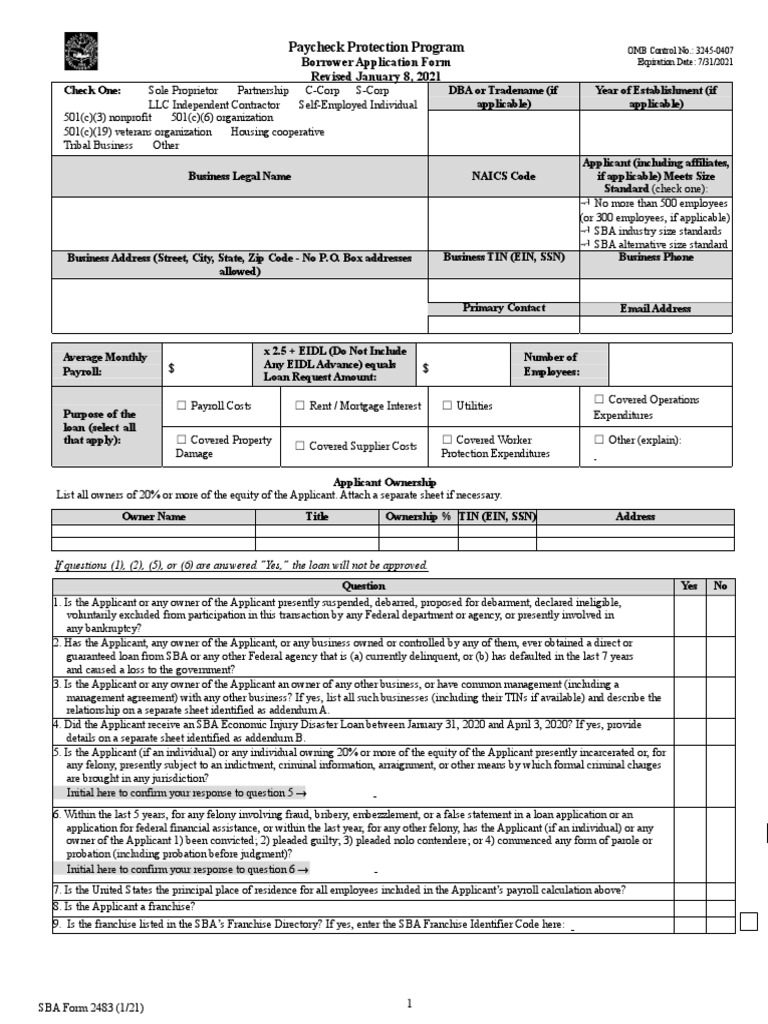PPP Borrower Application Form (Revised 1.8.2021) - 508 | PDF | Payroll ...