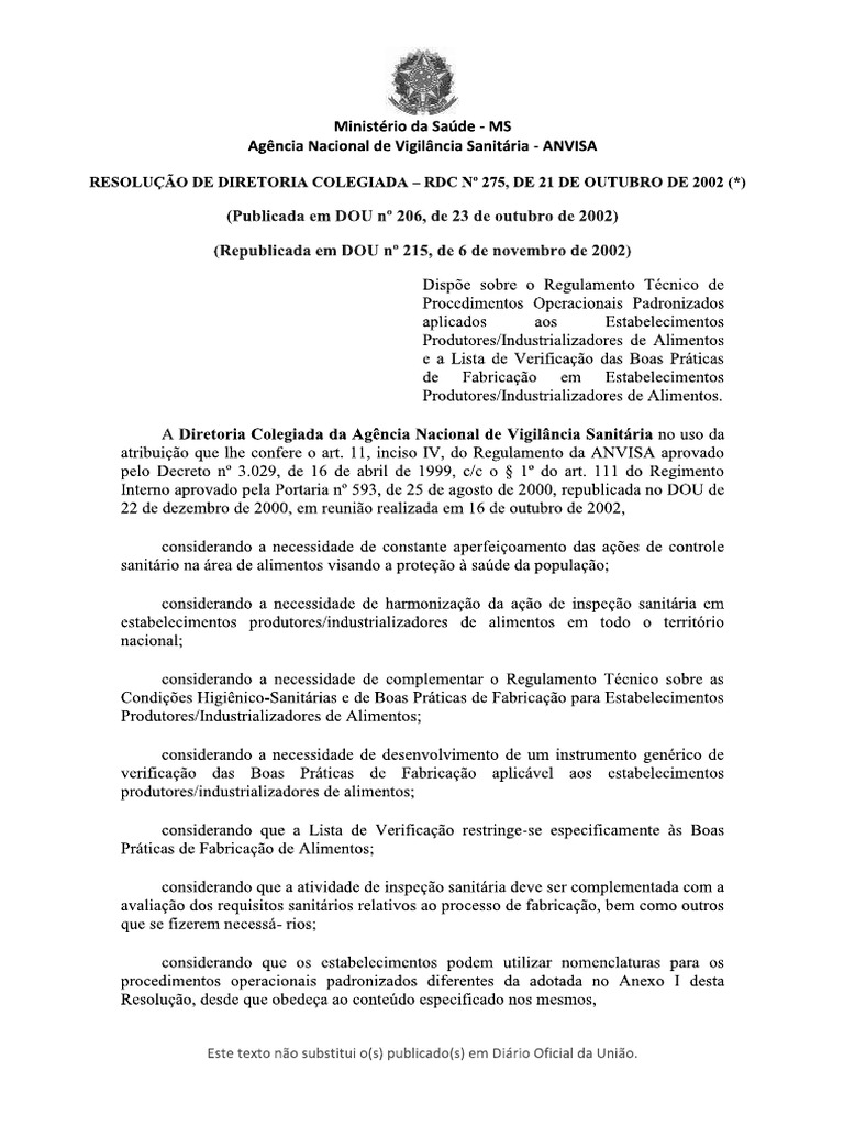 RDC 275 de 2002 - BPF Alimentos | PDF