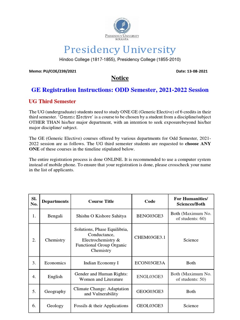 Notice - UG Sem 3 GE Registration | PDF | Science | Science And Technology