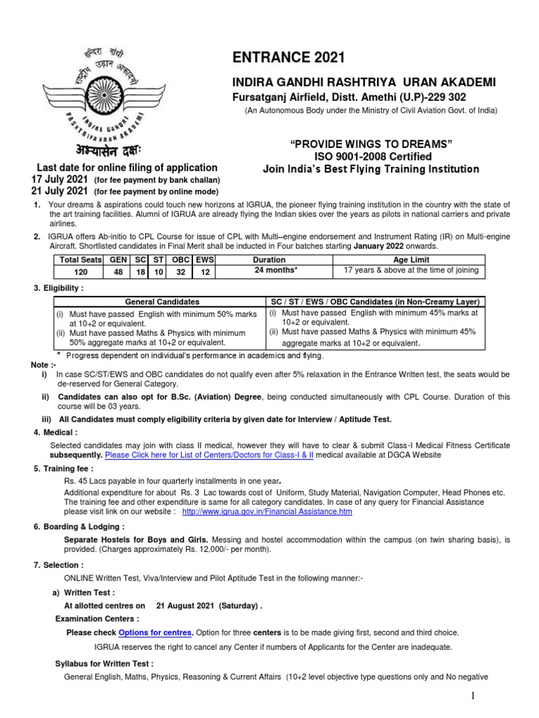 Entrance 2021: Indira Gandhi Rashtriya Uran Akademi | PDF | Fee | Banks