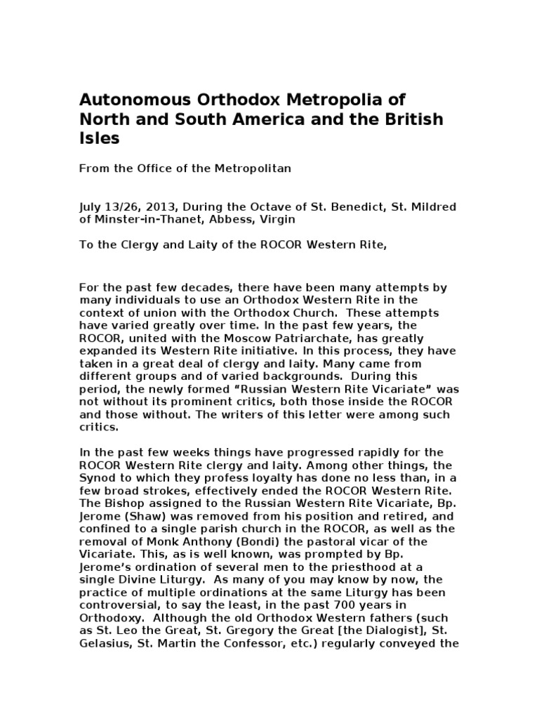 An Open Letter To The Clergy and Laity of The Rocor Western Rite ...