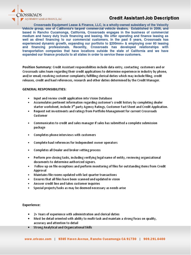 Credit Assistant-Job Description: Position Summary | PDF | Attention ...