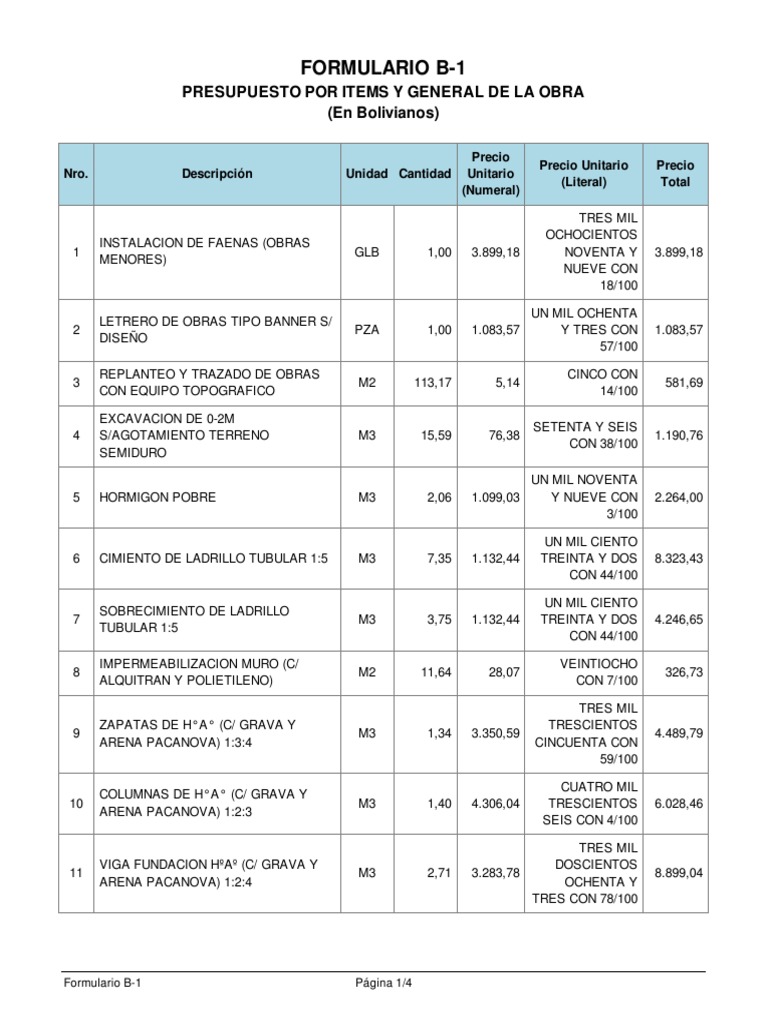 (B1) Formulario B1 (Presupuesto Por Items y General de La Obra) | PDF