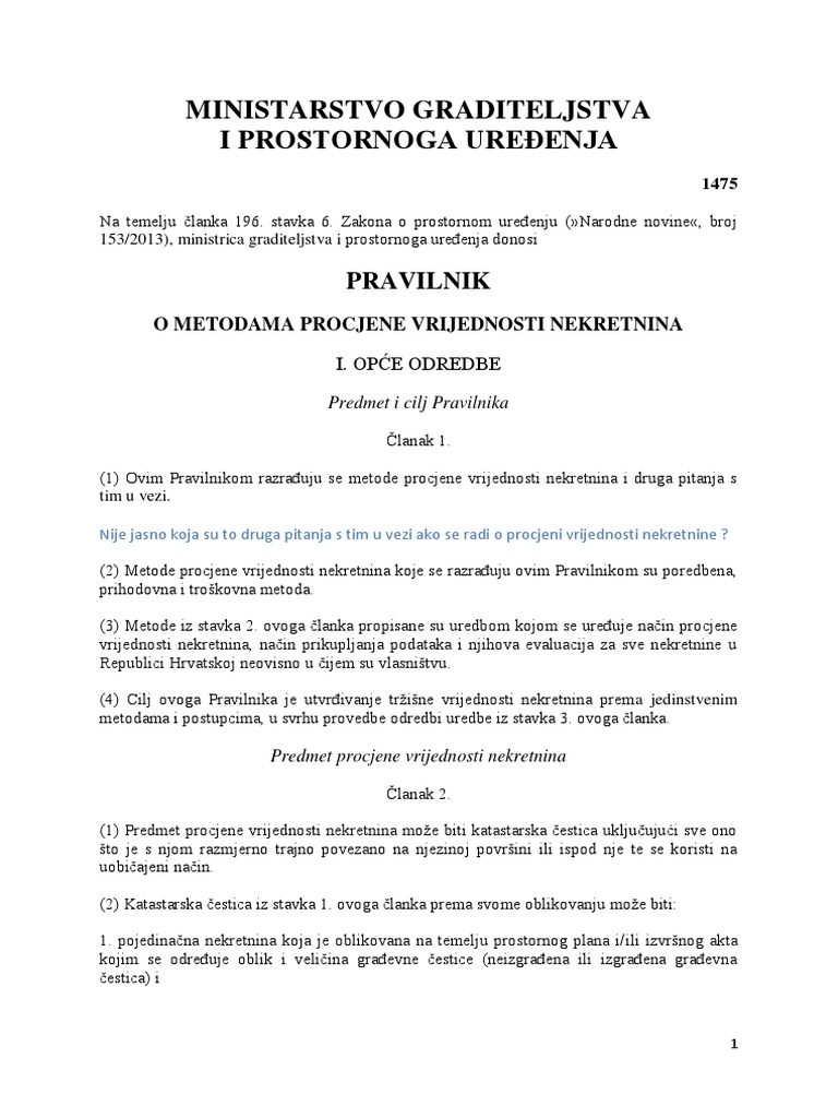 Pravilnik o Metodama Procjene Vrijednosti Nekretnina | PDF