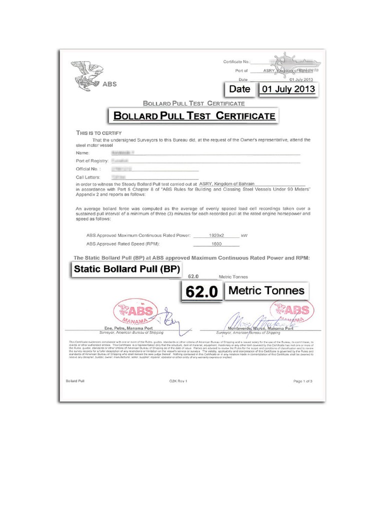 Bollard Pull Certificate | PDF Bollard Pull Certificate | PDF