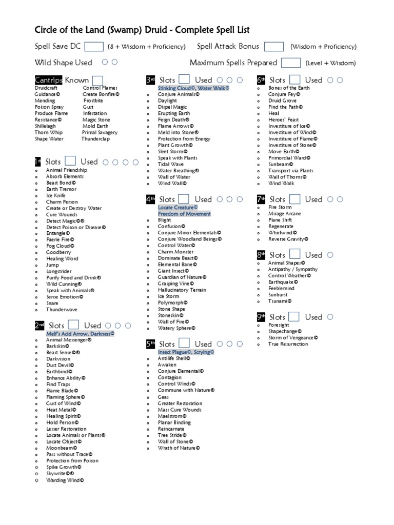 Circle of The Land (Swamp) Druid - Complete Spell List: Cantrips 3 6 | PDF