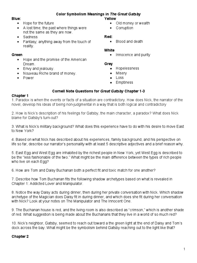 Cornell Note Questions For Great Gatsby Chapters 1-3 | PDF | The Great ...