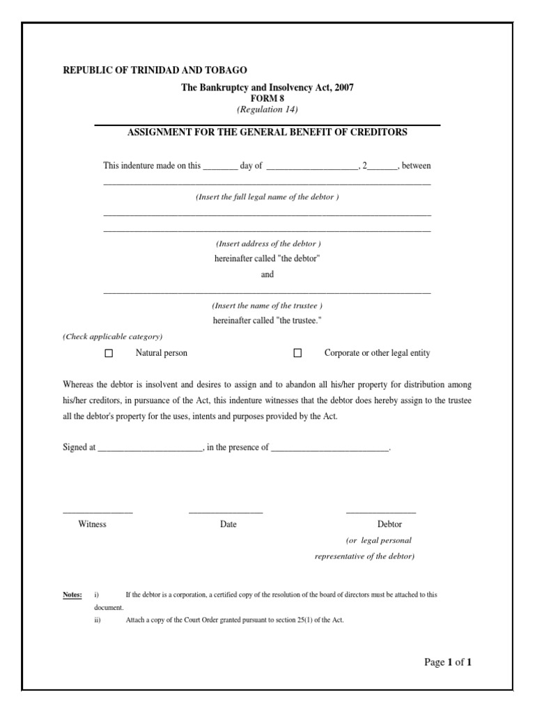 Form 8 Assignment For The General Benefit of Creditors | PDF ...