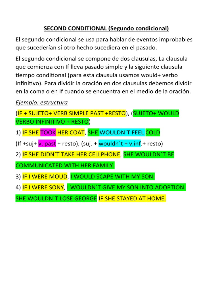 SECOND CONDITIONAL (Segundo Condicional) : Ejemplo: Estructura | PDF ...
