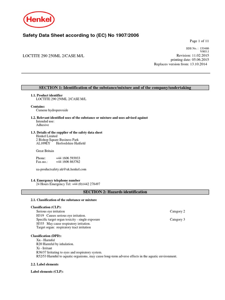 Safety Data Sheet According To (EC) No 1907/2006: Loctite 290 250Ml 2 ...