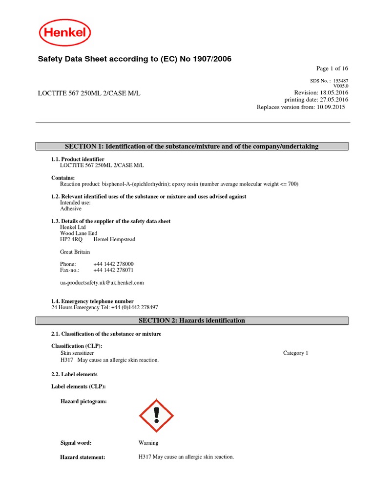 Loctite 567 Adhesive Safety Data Sheet | PDF | Dangerous Goods | Toxicity