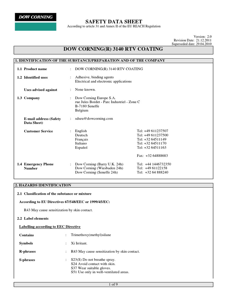 Dow Corning 3140 RTV Coating | PDF | Personal Protective Equipment ...