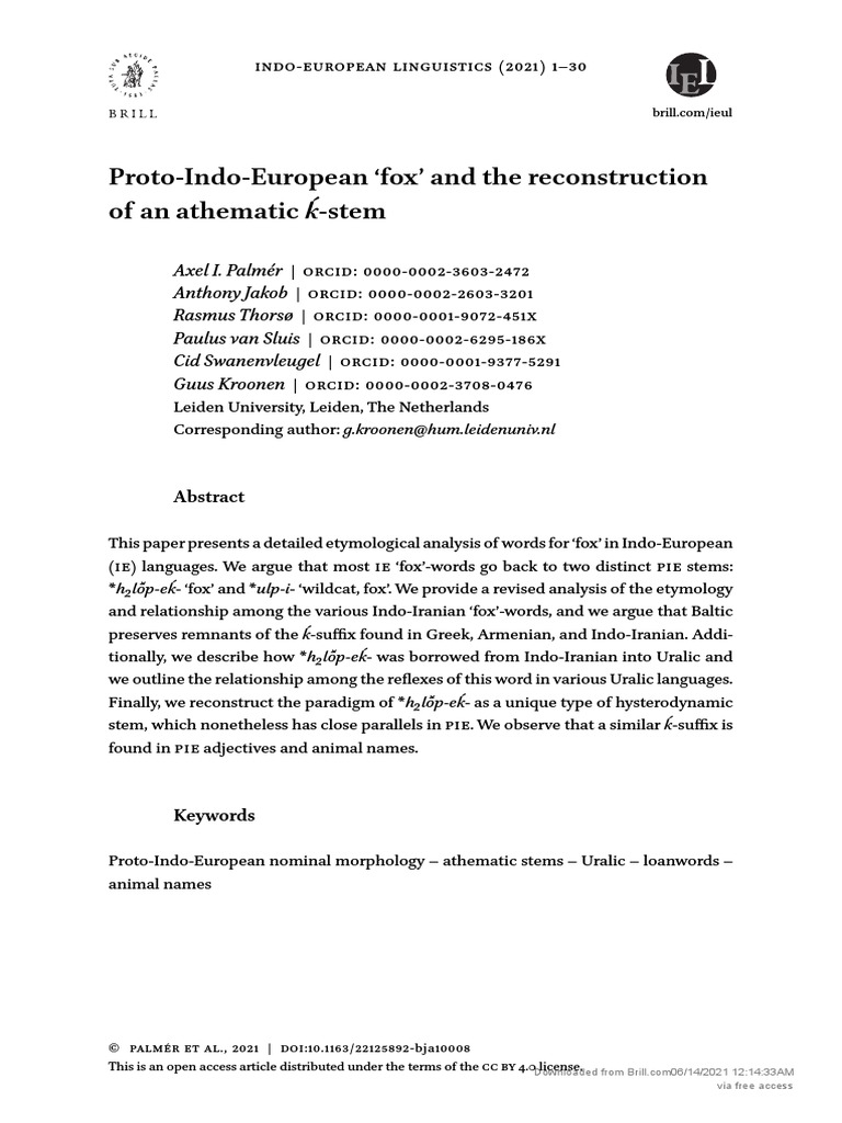Proto-Indo-European Fox' and The Reconstruction of An Athematic - Stem ...