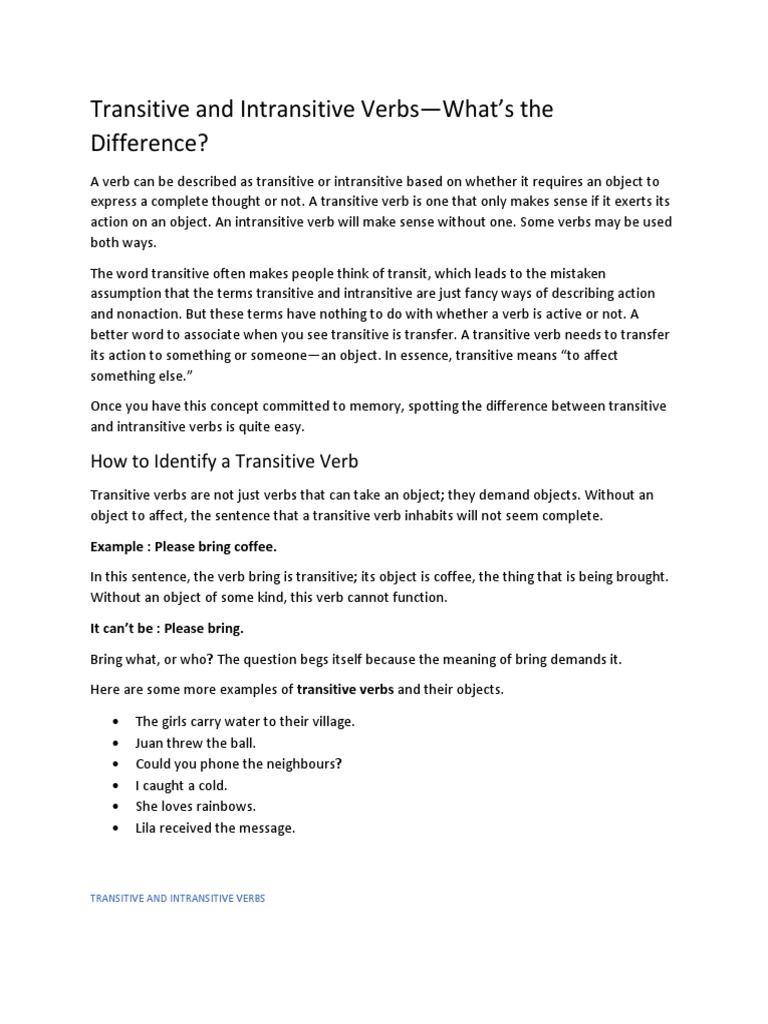 Transitive and Intransitive Verbs | PDF | Verb | Object (Grammar)