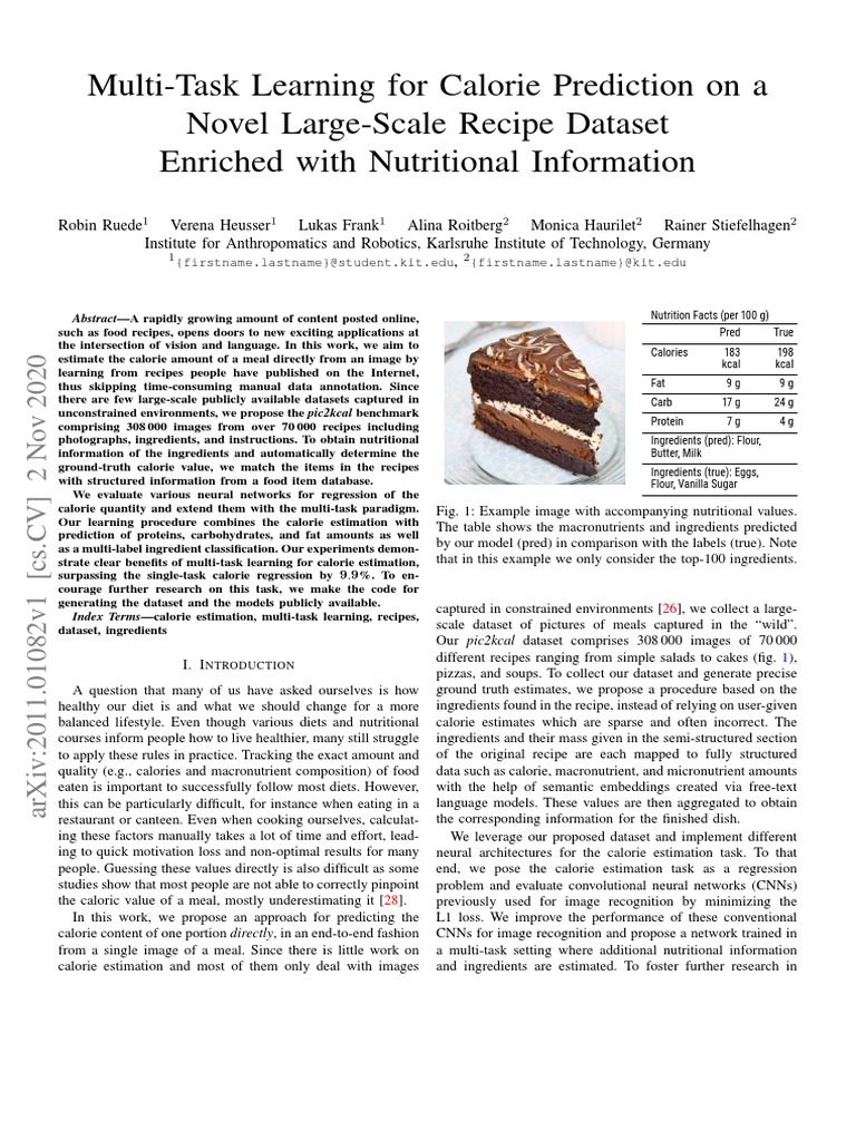 Multi-Task Learning For Calorie Prediction On A Novel Large-Scale ...