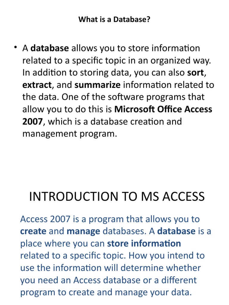 Introduction To Microsoft (MS) Access PPT Centum | PDF | Relational Database | Microsoft