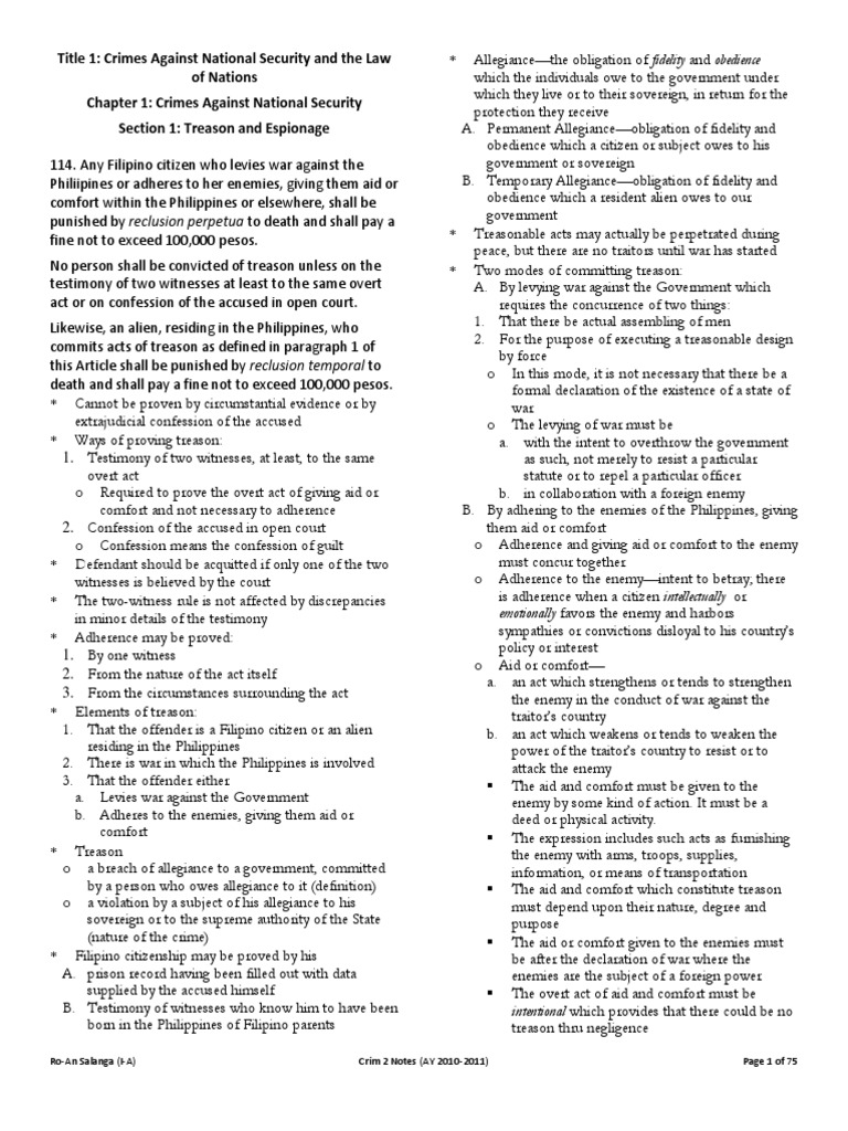 Criminal Law II Notes | PDF | Treason | Arrest