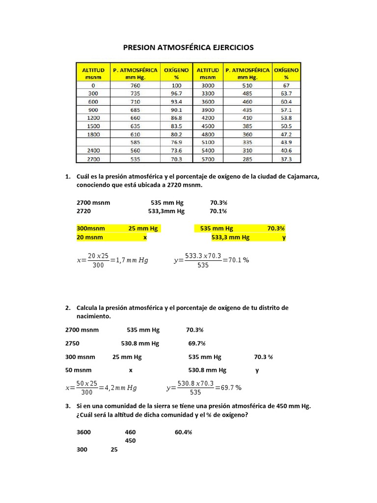 Ejercicios de Presión Atmosférica y Oxígeno | PDF