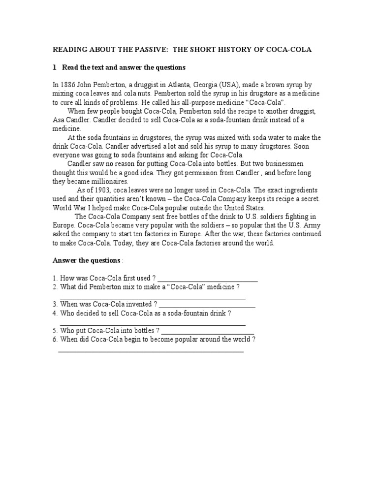 Reading About The Passive: The Short History of Coca-Cola 1 Read The ...