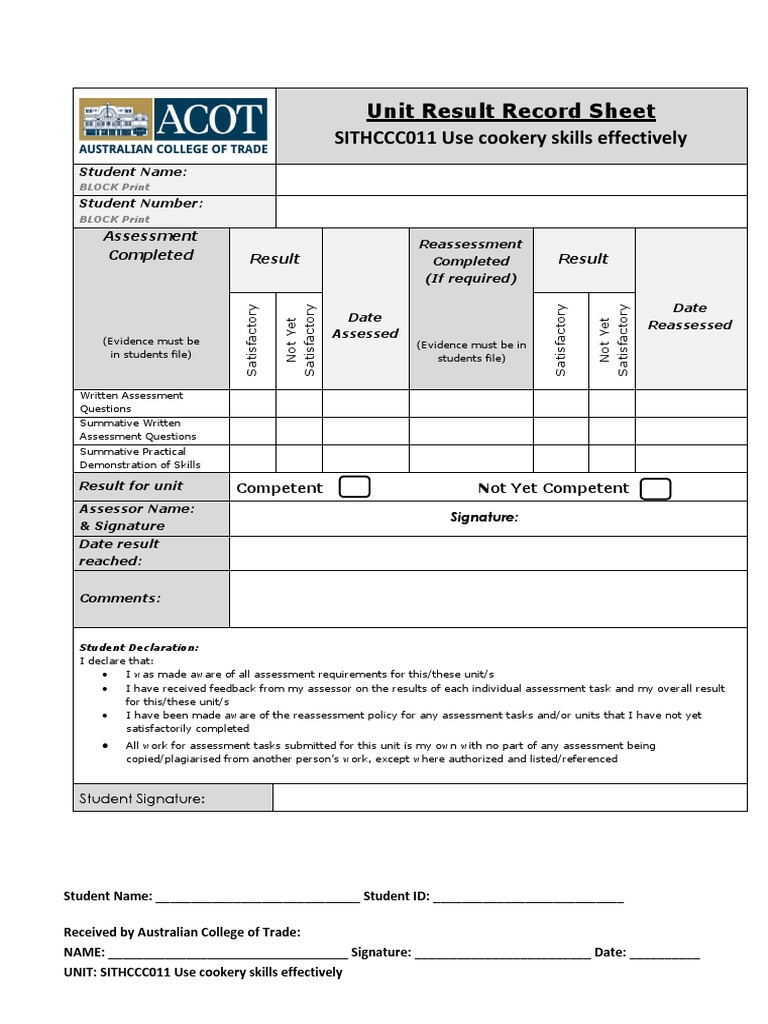 SITHCCC011 Cookery Skills Assessment Sheet | PDF | Competence (Human ...