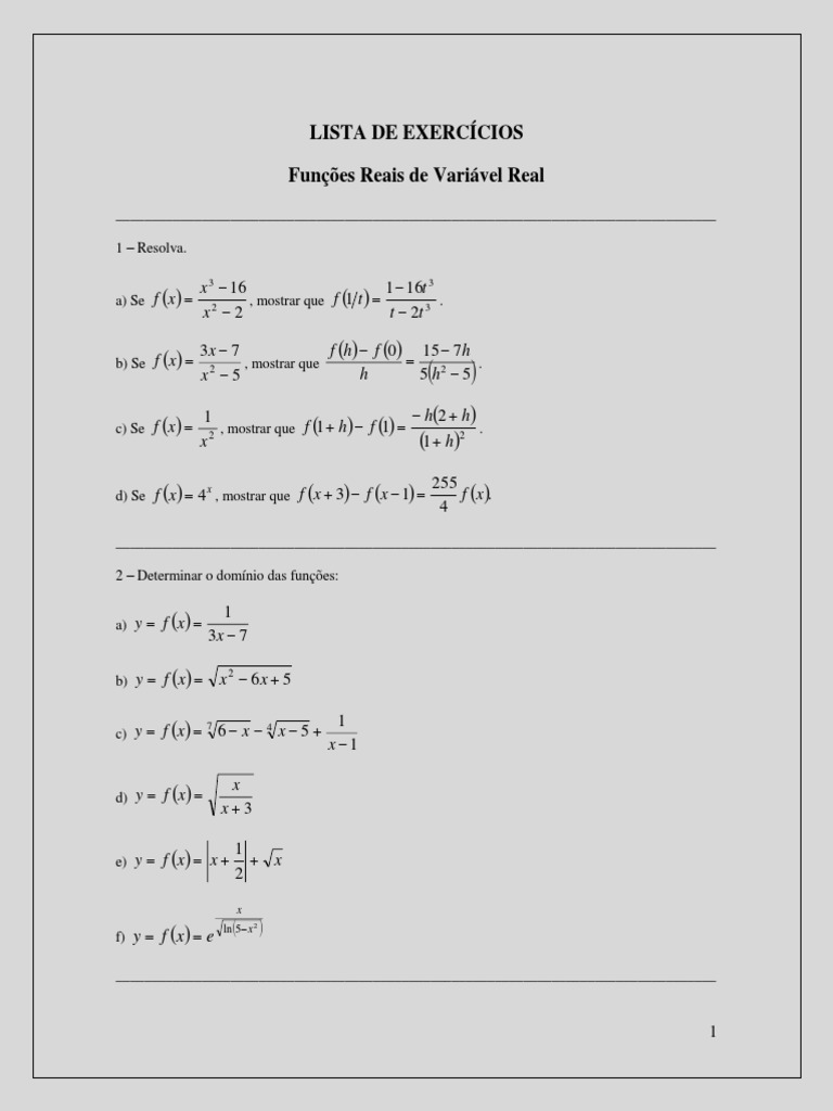 Lista 1 - Exercícios - Funções | PDF | Relações matemáticas | Analise ...