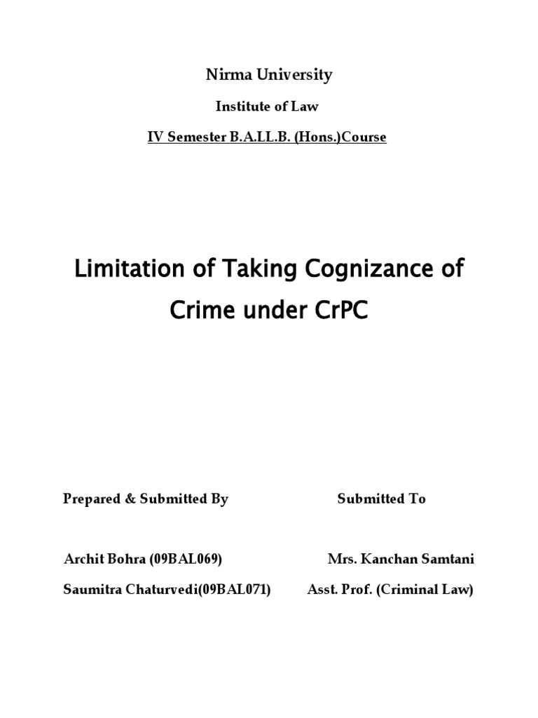 Limitation of Taking Cognizance of Crime Under CRPC: Nirma University ...