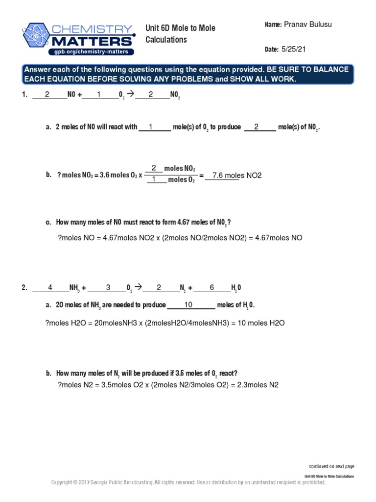 Unit 6D Mole To Mole Calculations | PDF | Chemical Compounds | Chemical ...