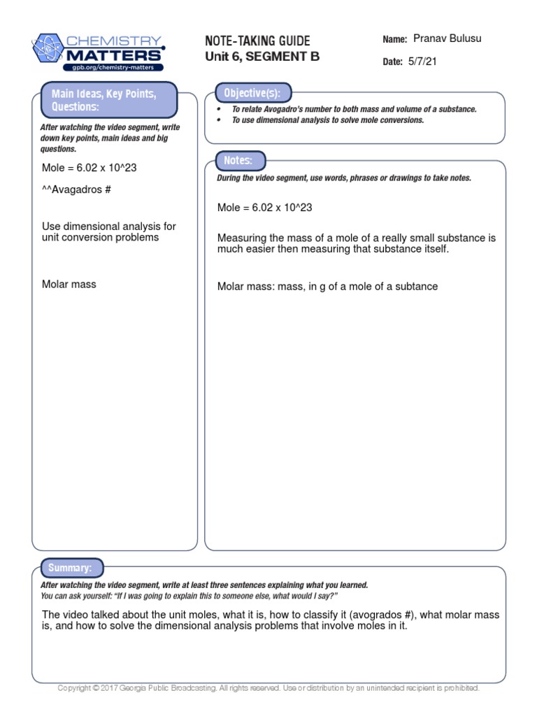 Note-Taking Guide: Unit 6, Segment B | PDF | Mole (Unit) | Metrology