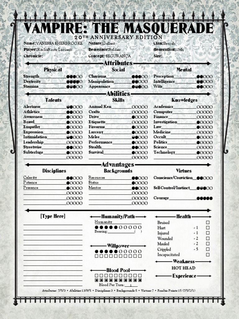 VTM V20 Character Sheet Template | PDF | Role Playing Games
