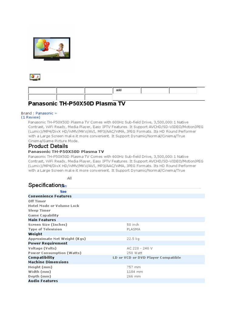 Panasonic TH-P50X50D 50-Inch Plasma TV: High-Performance Display with ...