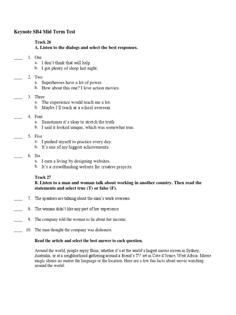 Keynote SB4 Mid Term Test | PDF | Cinema Of The United States