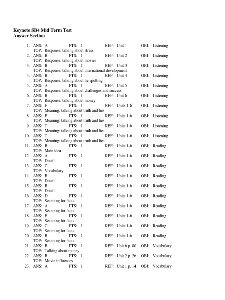 Keynote SB4 Mid Term Test Answer Section | PDF | Cognition | Cognitive ...