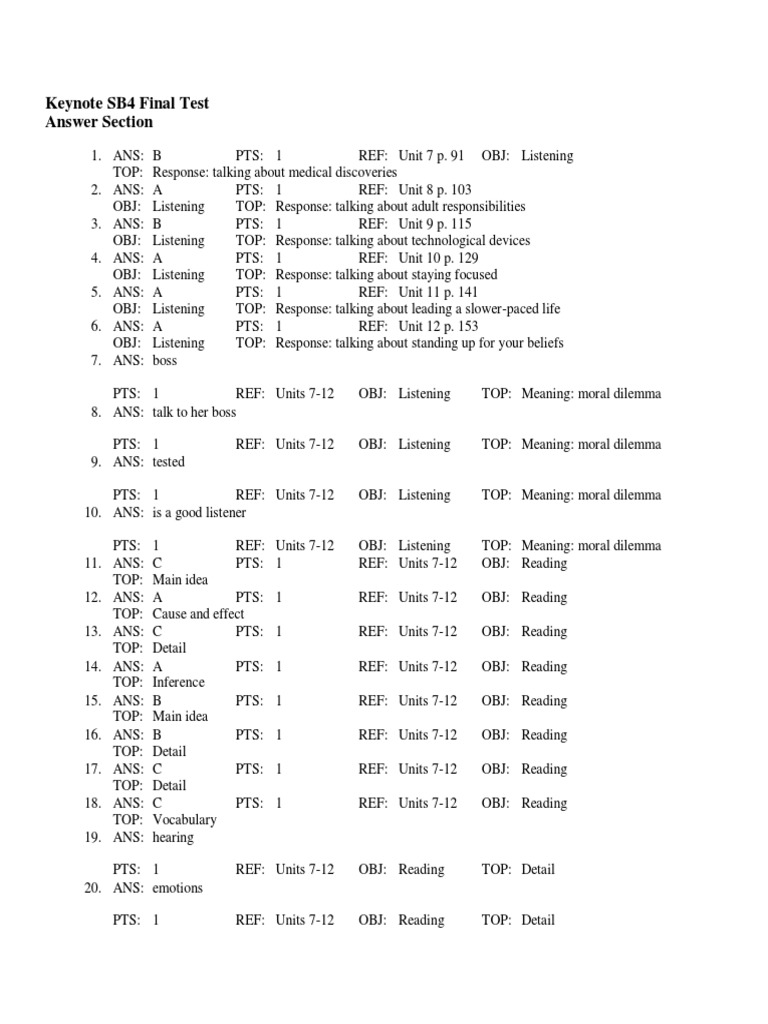 Keynote SB4 Final Test Answer Section | PDF | Cognition ...
