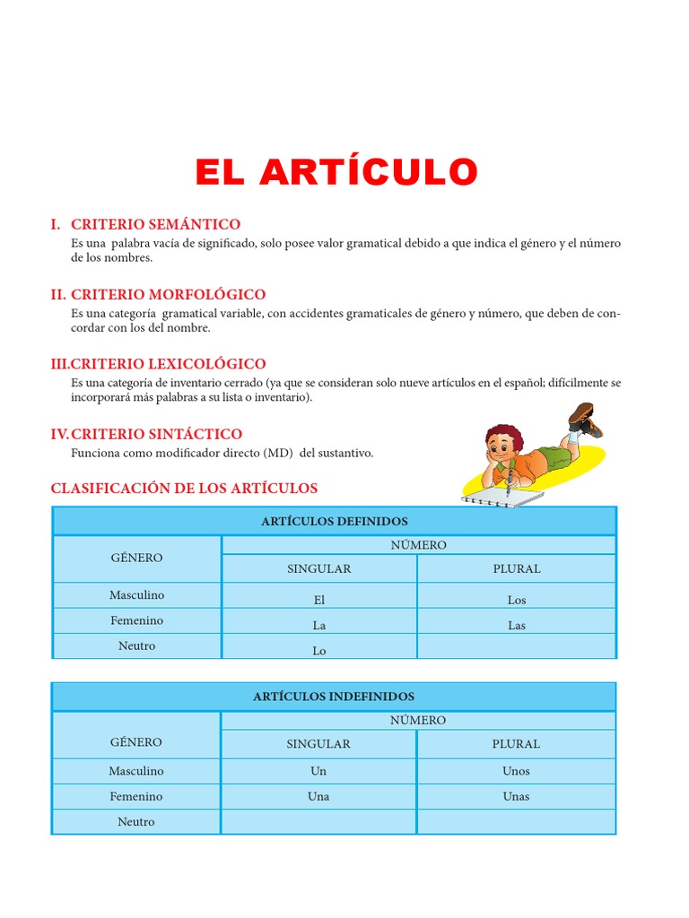 El Artículo y Su Clasificación | PDF | Género gramatical | Numero ...