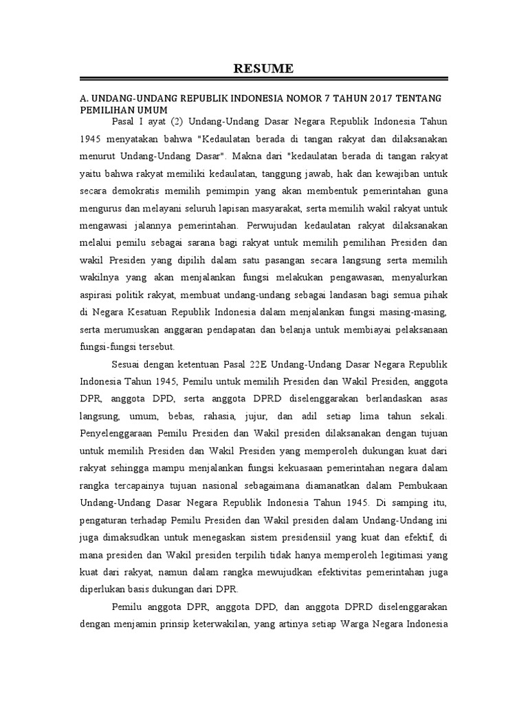 Resume UU NO 7 Tahun 2017 Tentang Pemilihan Umum | PDF
