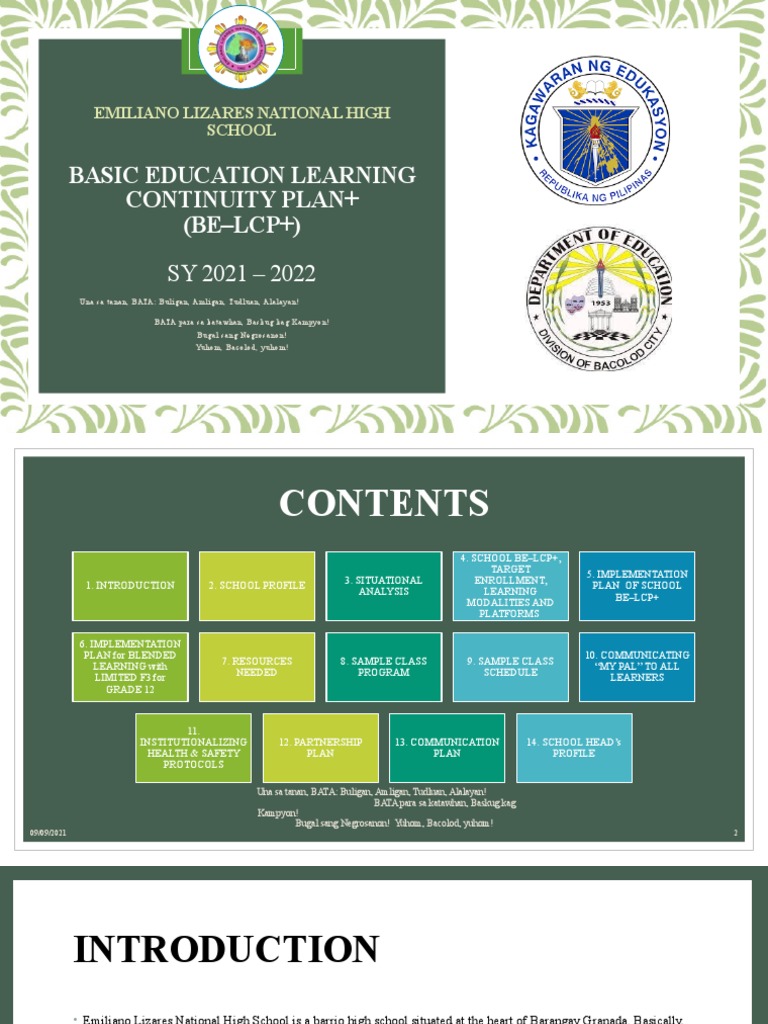 Basic Education Learning Continuity Plan Be Lcp Emiliano Lizares National High School